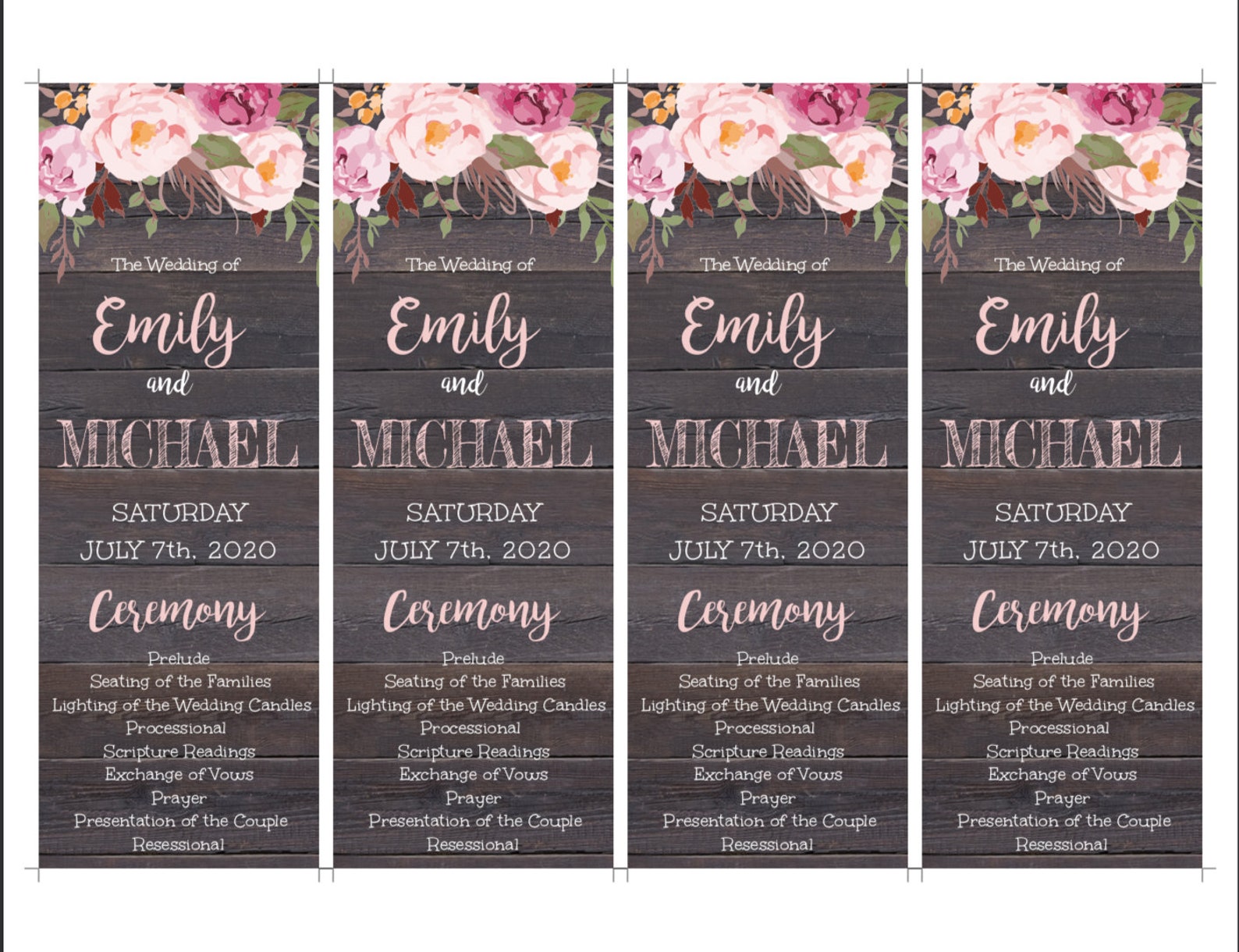 Rustic Floral Wedding Program Bookmark Template, DIY Wedding Program ...