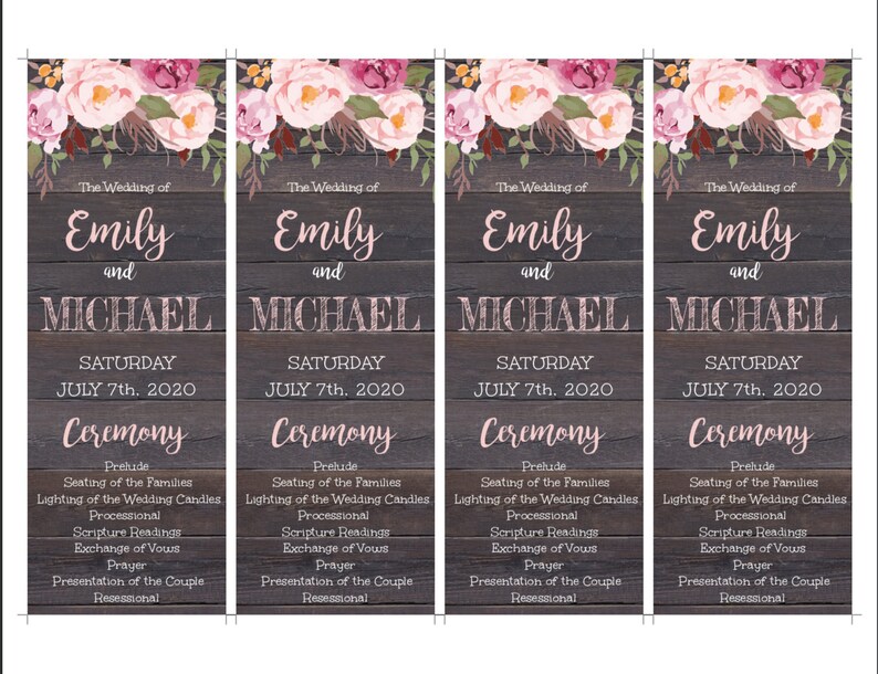Rustic Floral Wedding Program Bookmark Template DIY Wedding - Etsy