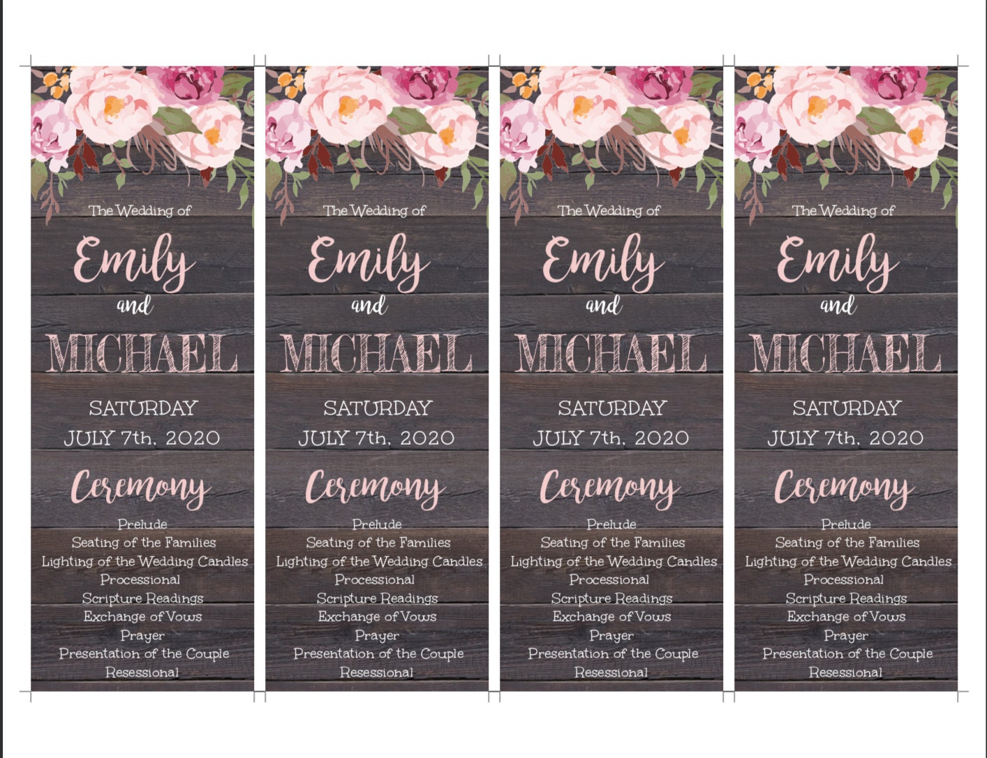 Rustic Floral Wedding Program Bookmark Template DIY Wedding - Etsy