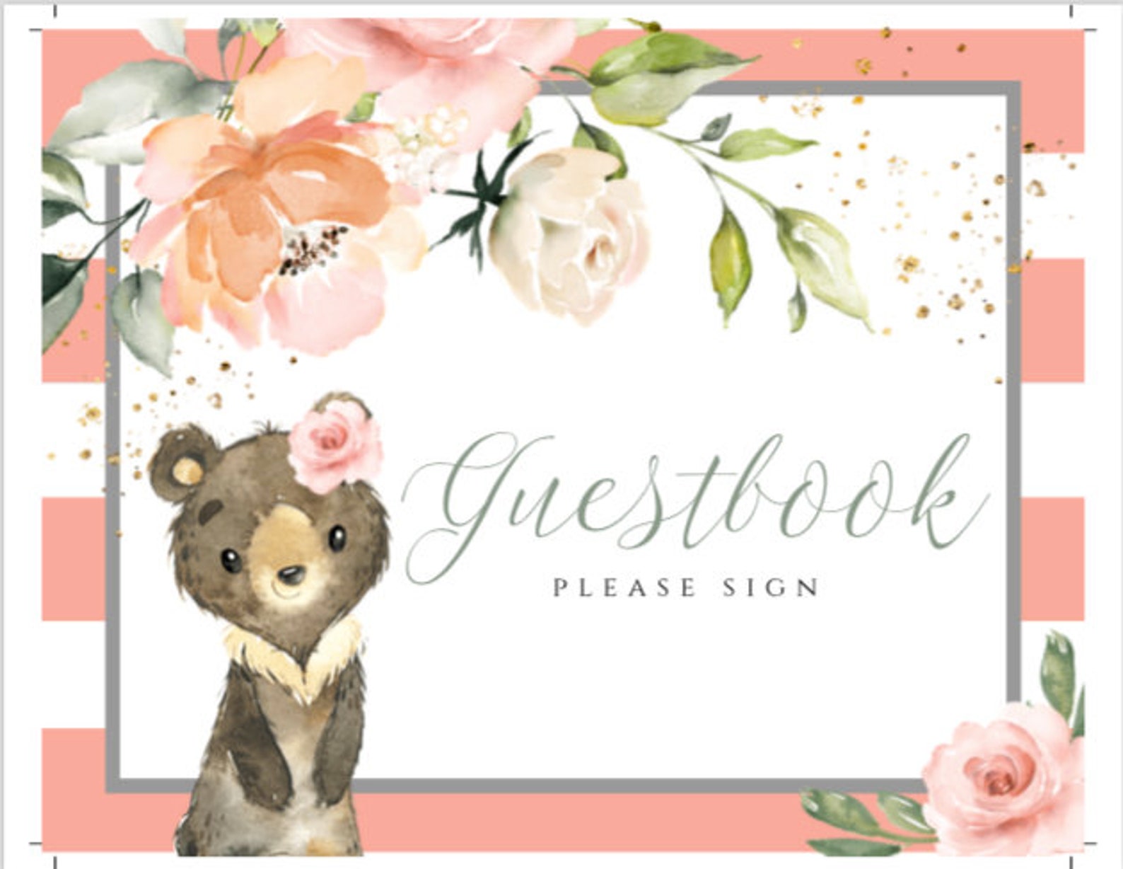 Bear Baby Shower Guestbook Sign Template for Girl Peach - Etsy