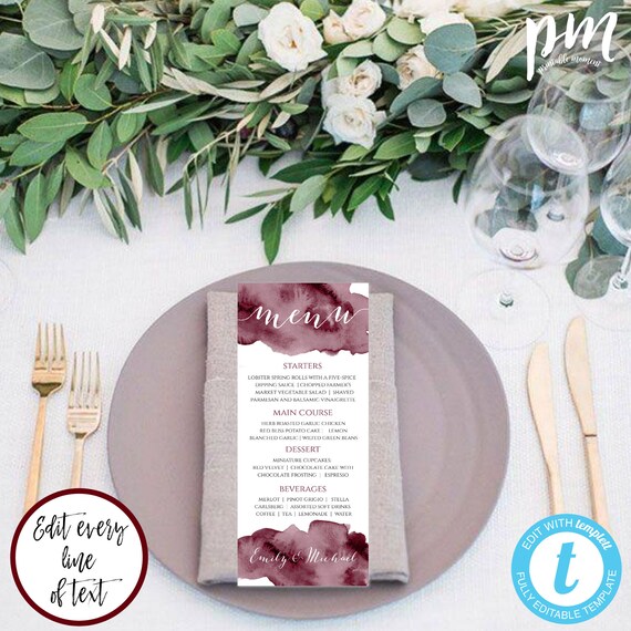 Burgundy Watercolor Wedding Dinner Menu Template Editable | Etsy