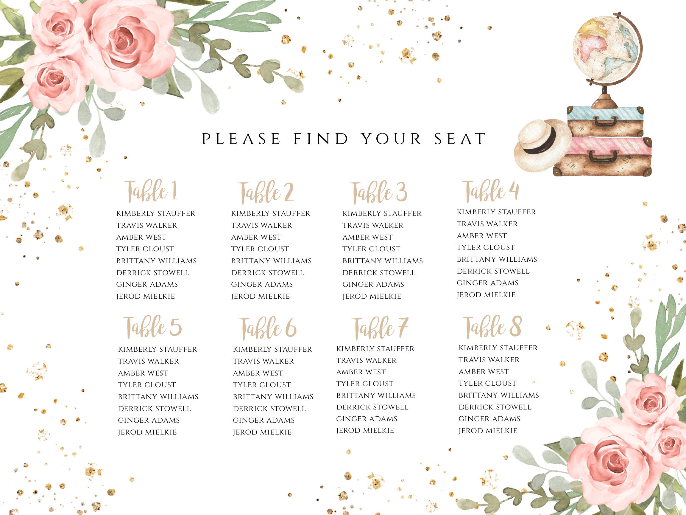 Traveling from Miss to Mrs Seating Chart Template Pink Floral | Etsy