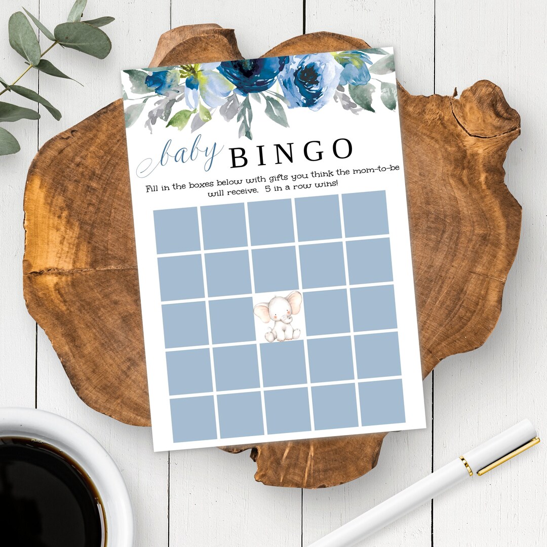 Blue Elephant Baby Shower Bingo Game Template, Blue Baby Shower Game ...