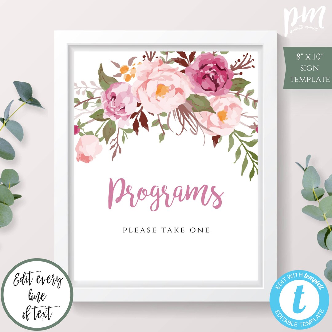 Pink Program Sign Template, Funeral Program Sign, Funeral Sign, Instant ...