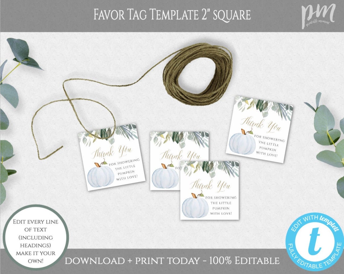 Pumpkin Favor Tag Template, Little Pumpkin Baby Shower Printable, Blue ...