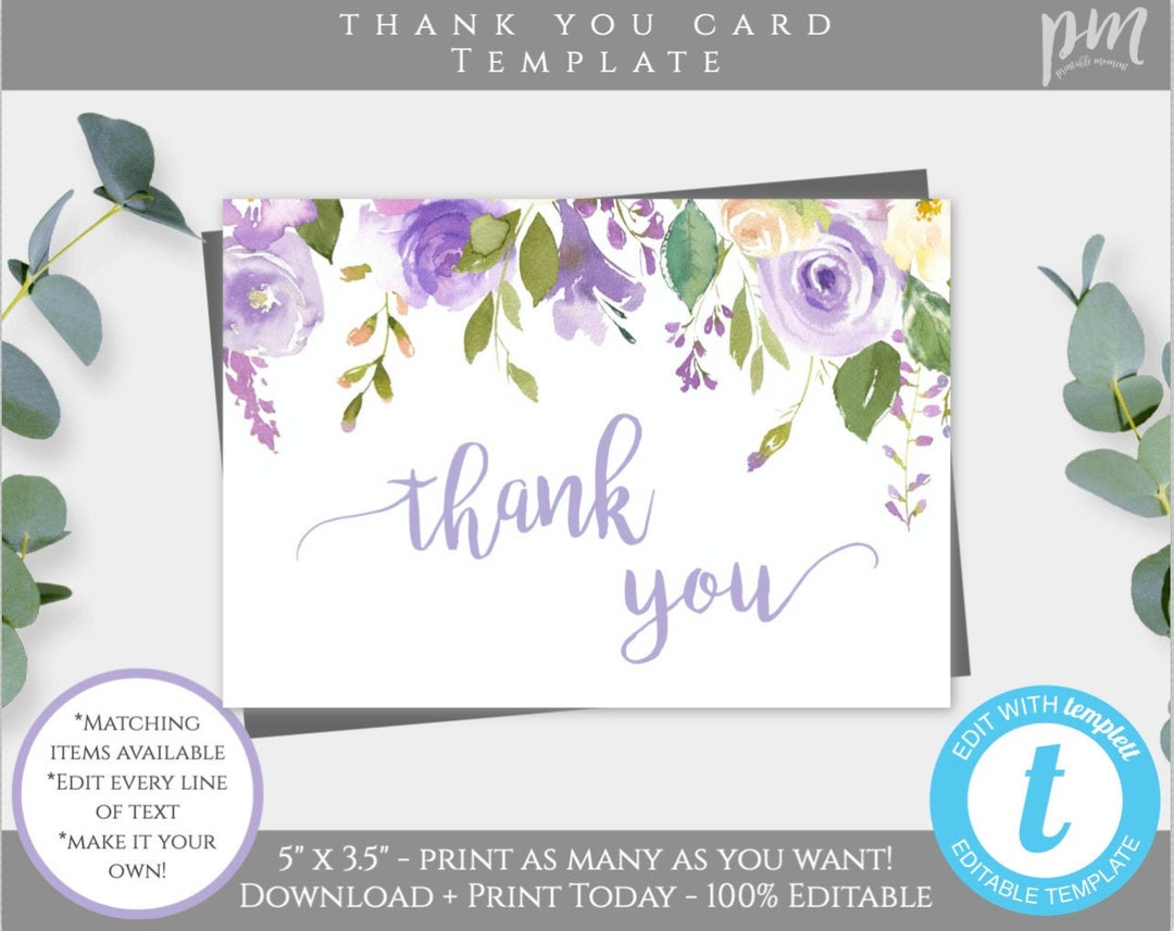 Purple Floral Thank You Note Template, Lavender Printable Thank You ...