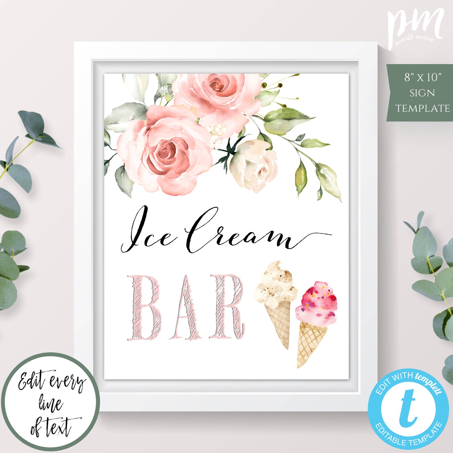 Blush Pink Floral Ice Cream Bar Sign Template Ice Cream Social - Etsy