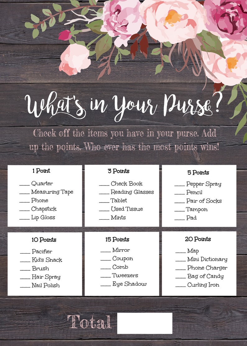 Rustic Floral What's in Your Purse Game Template for | Etsy