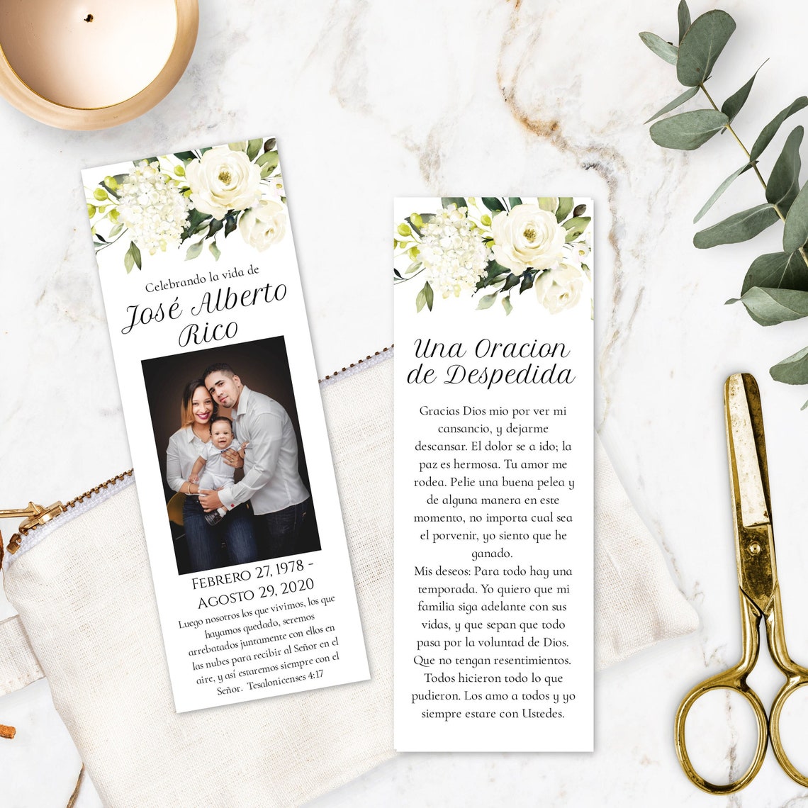 Editable Spanish Bookmark for Funeral Personalized White Floral ...