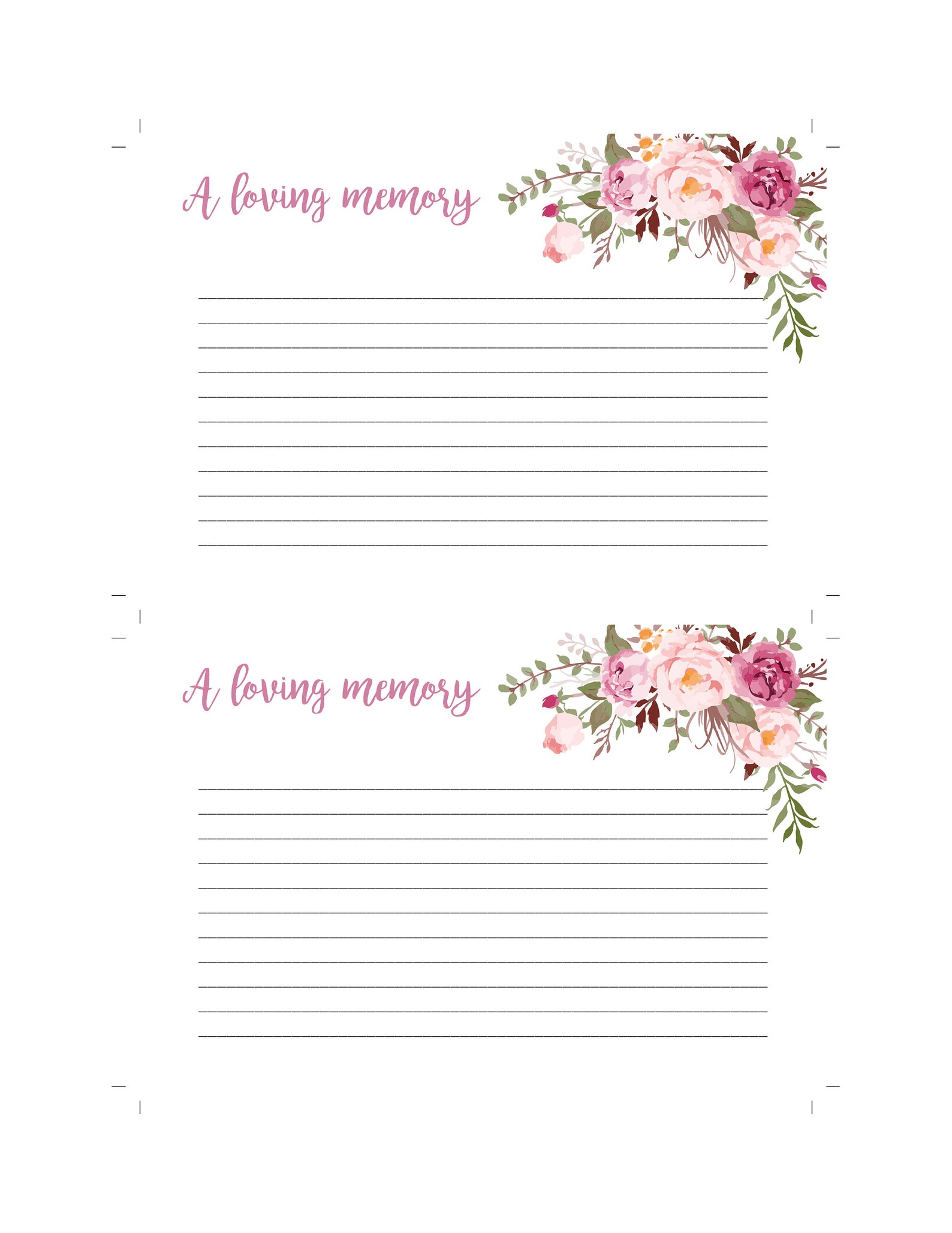 Pink Floral Share a Memory Card, Instant Download, Celebration of Life ...