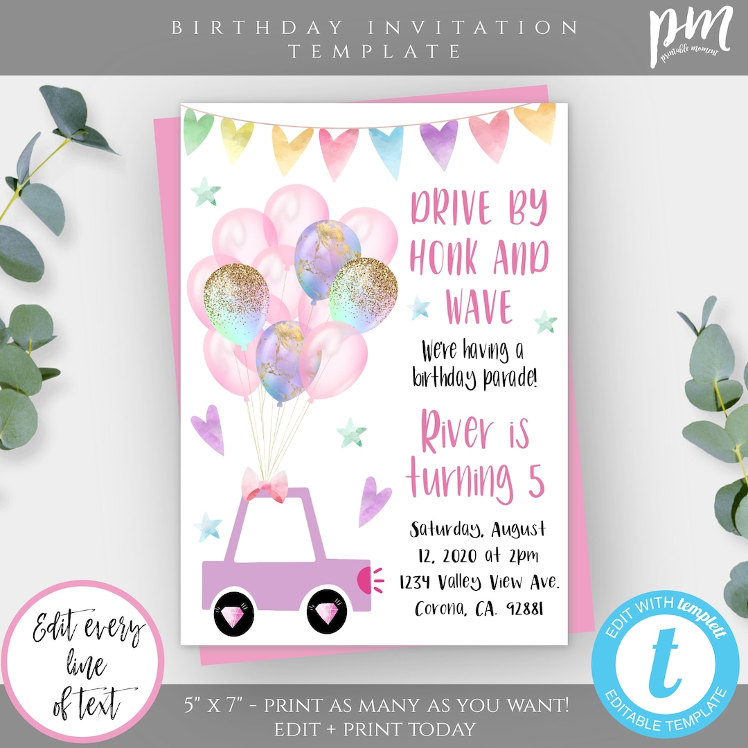 Pink Drive by Kid's Birthday Parade Invitation Template for Girl ...