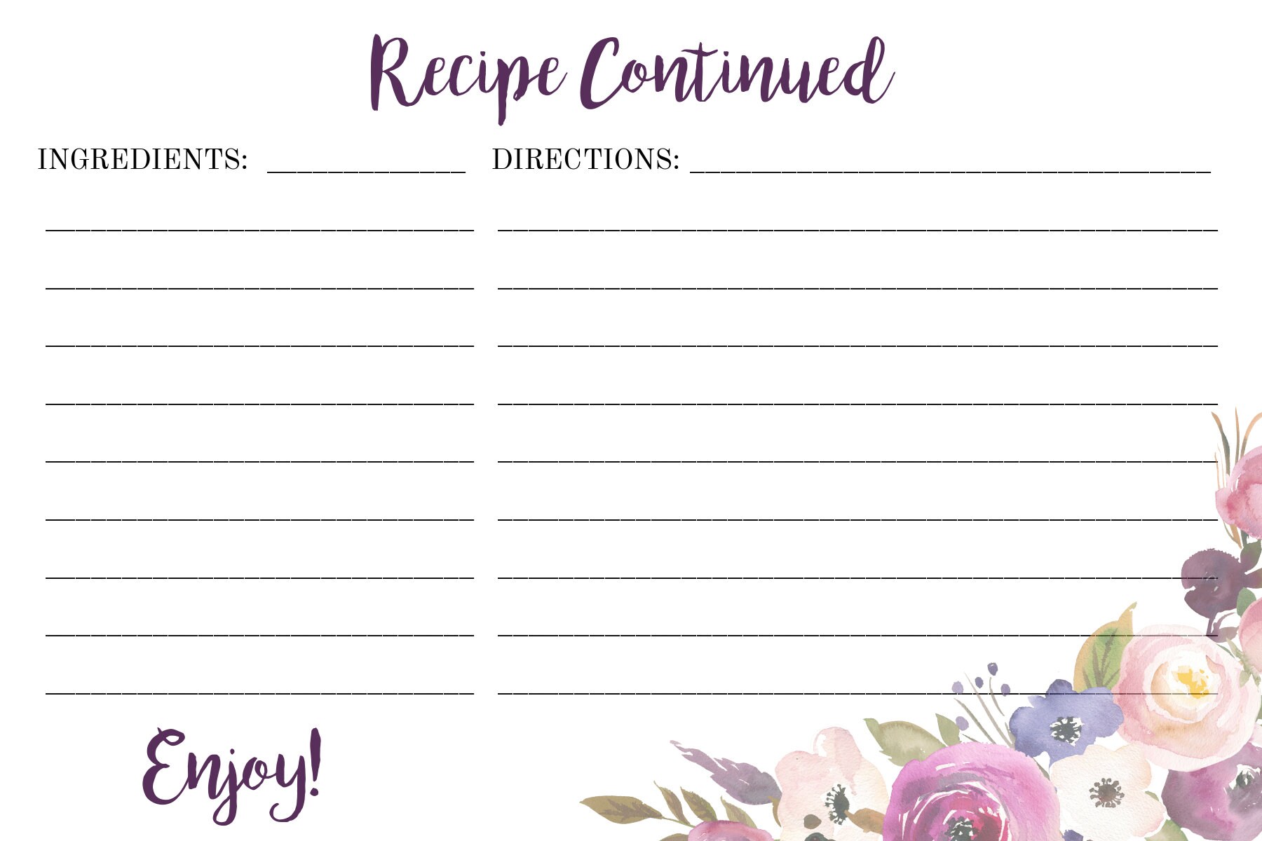 Purple Floral Recipe Card Template Bridal Shower Recipe Card | Etsy