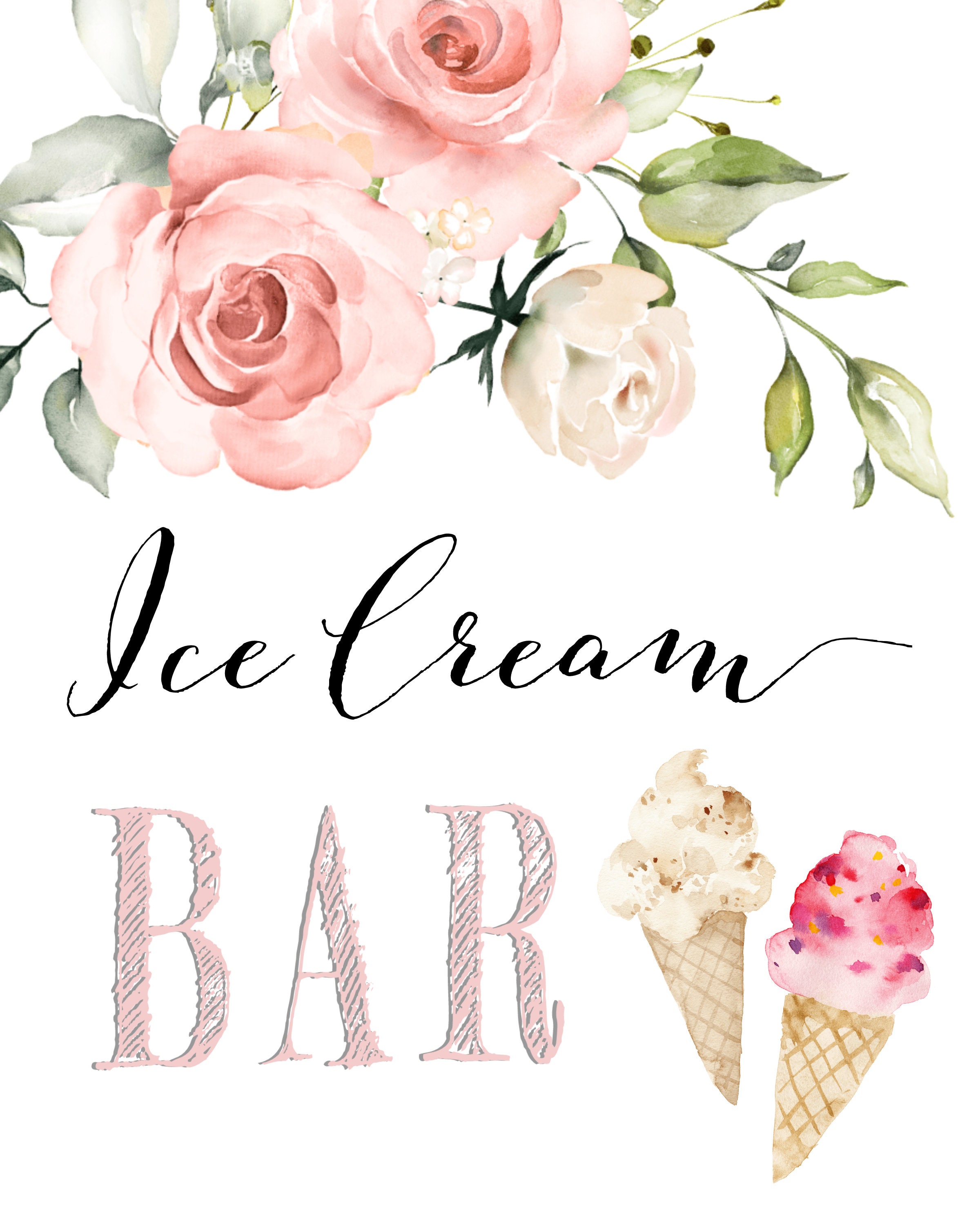 Blush Pink Floral Ice Cream Bar Sign Template Ice Cream Social | Etsy