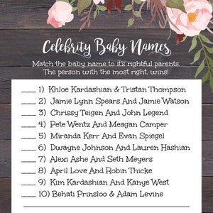 Rustic Floral Celebrity Baby Name Game Template for Girl Baby Shower ...