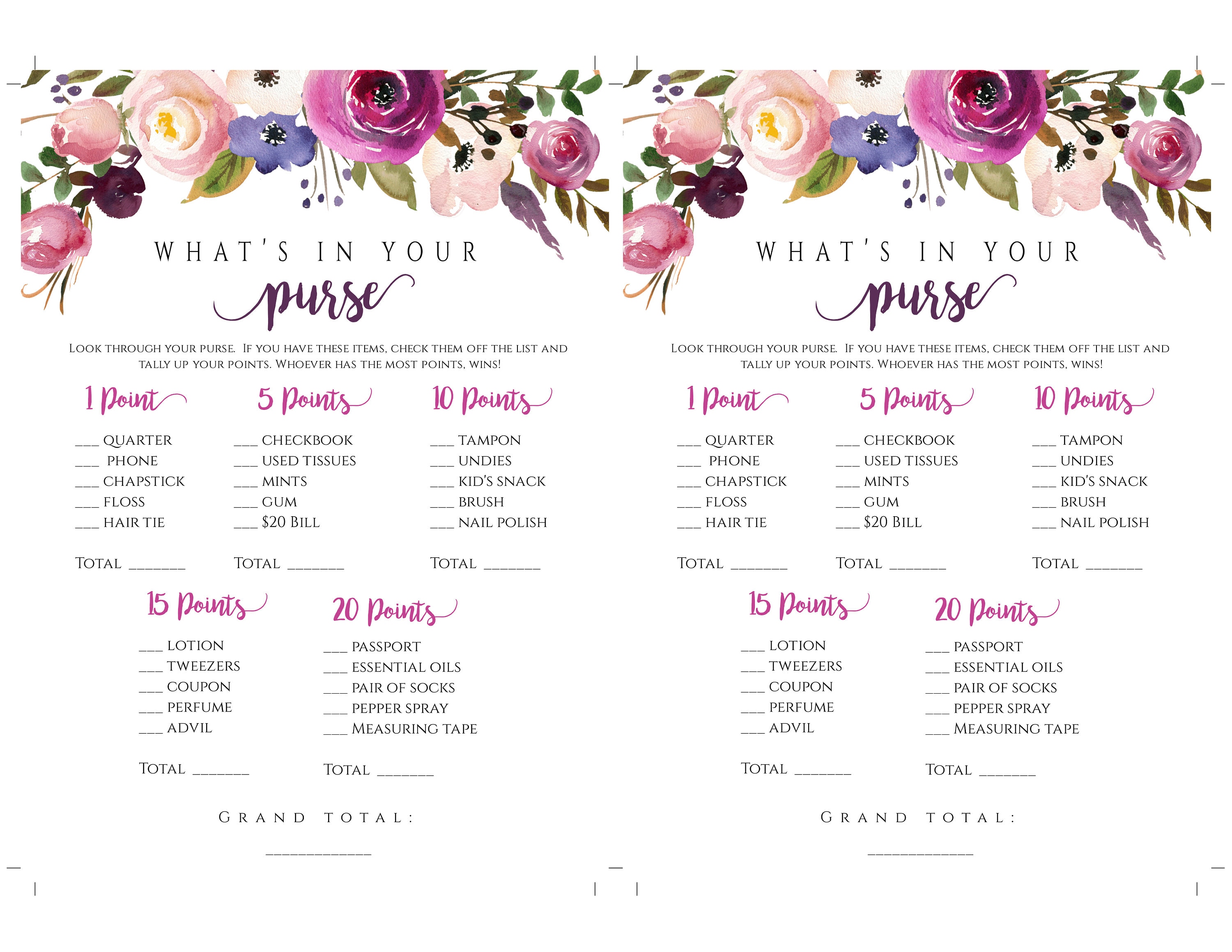 What's in Your Purse Game Template Purple Floral Bridal | Etsy