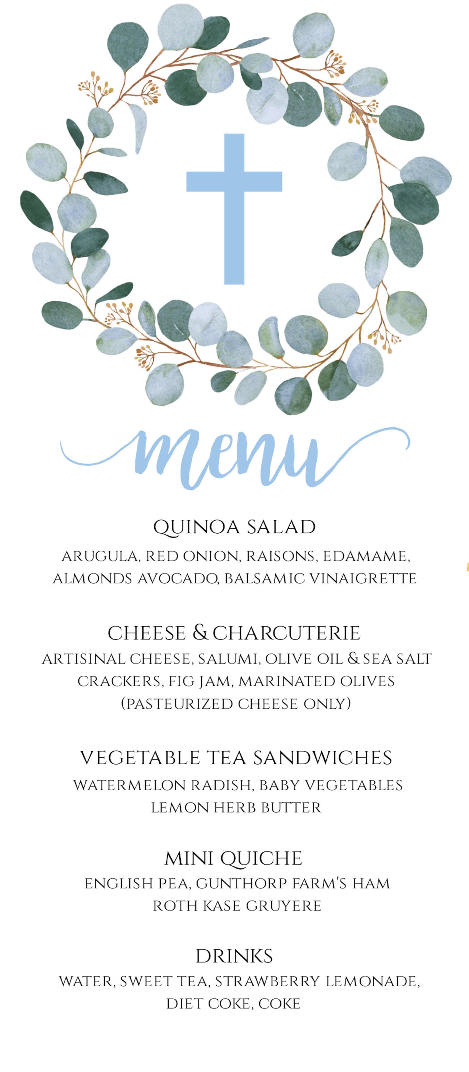 Greenery Baptism Menu Template for Boy, Editable Blue Cross Dinner Menu ...