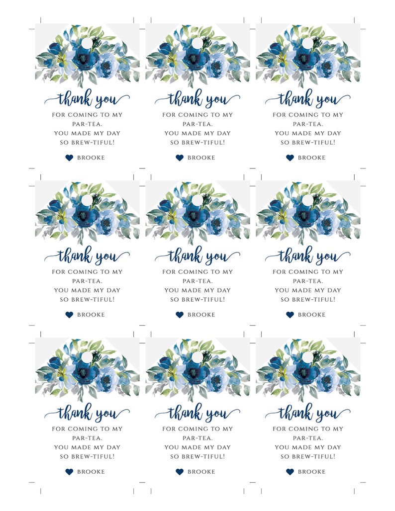 Blue Par-tea Thank You Tag Template Set Birthday Party Favor | Etsy