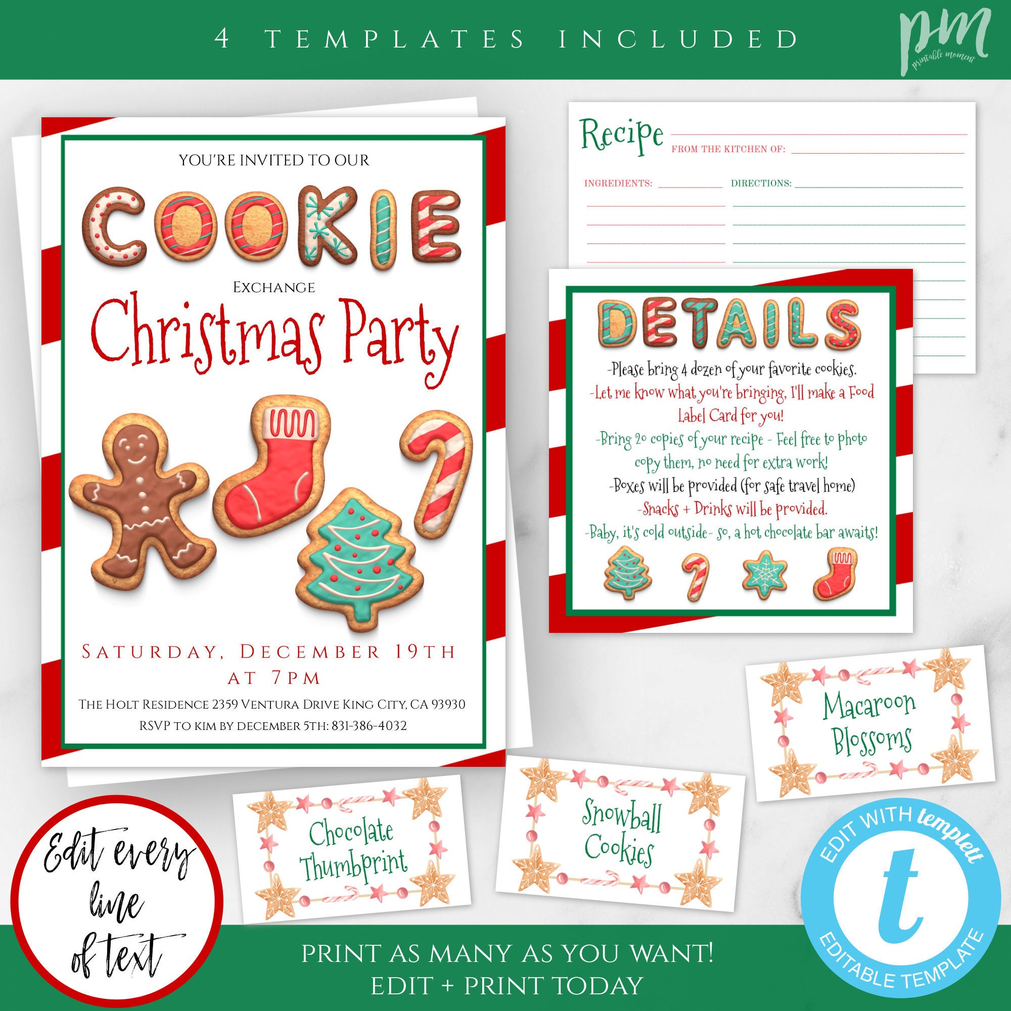 Cookie Exchange Party Invitation Template Set, Editable Holiday Party ...