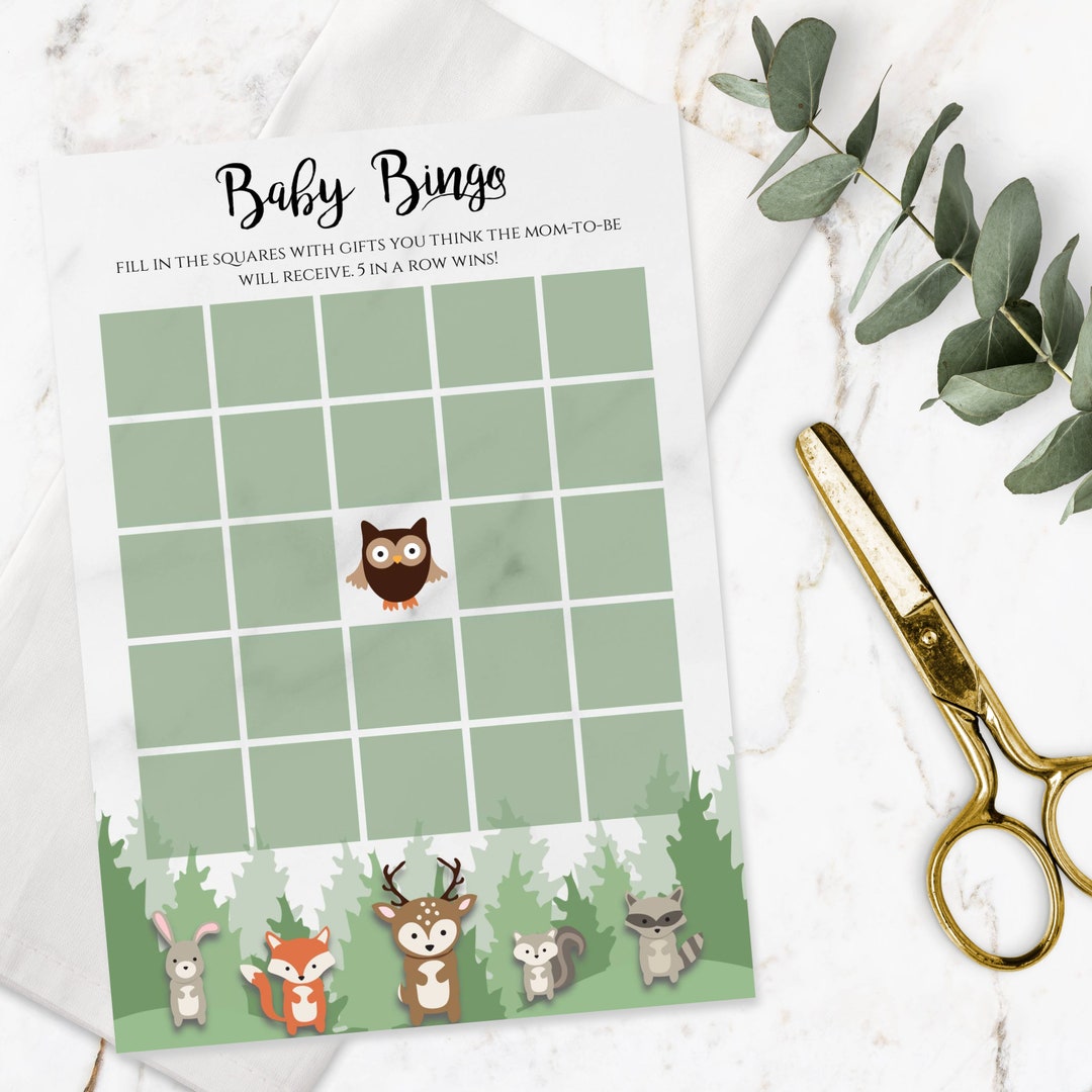 Baby Shower Bingo Game, Woodland Baby Shower Games, Baby Shower ...