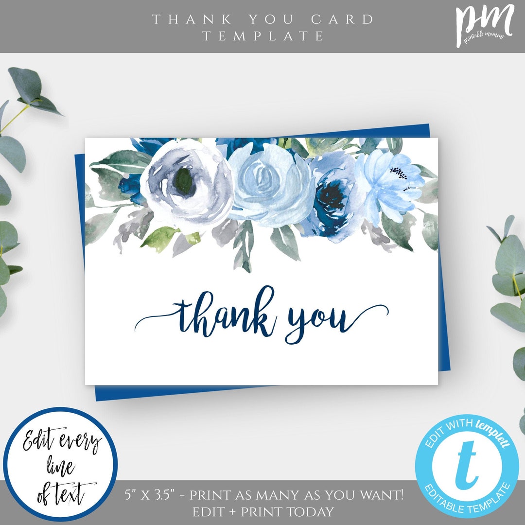 Blue Floral Folding Thank You Card Template, Funeral Thank You Note ...
