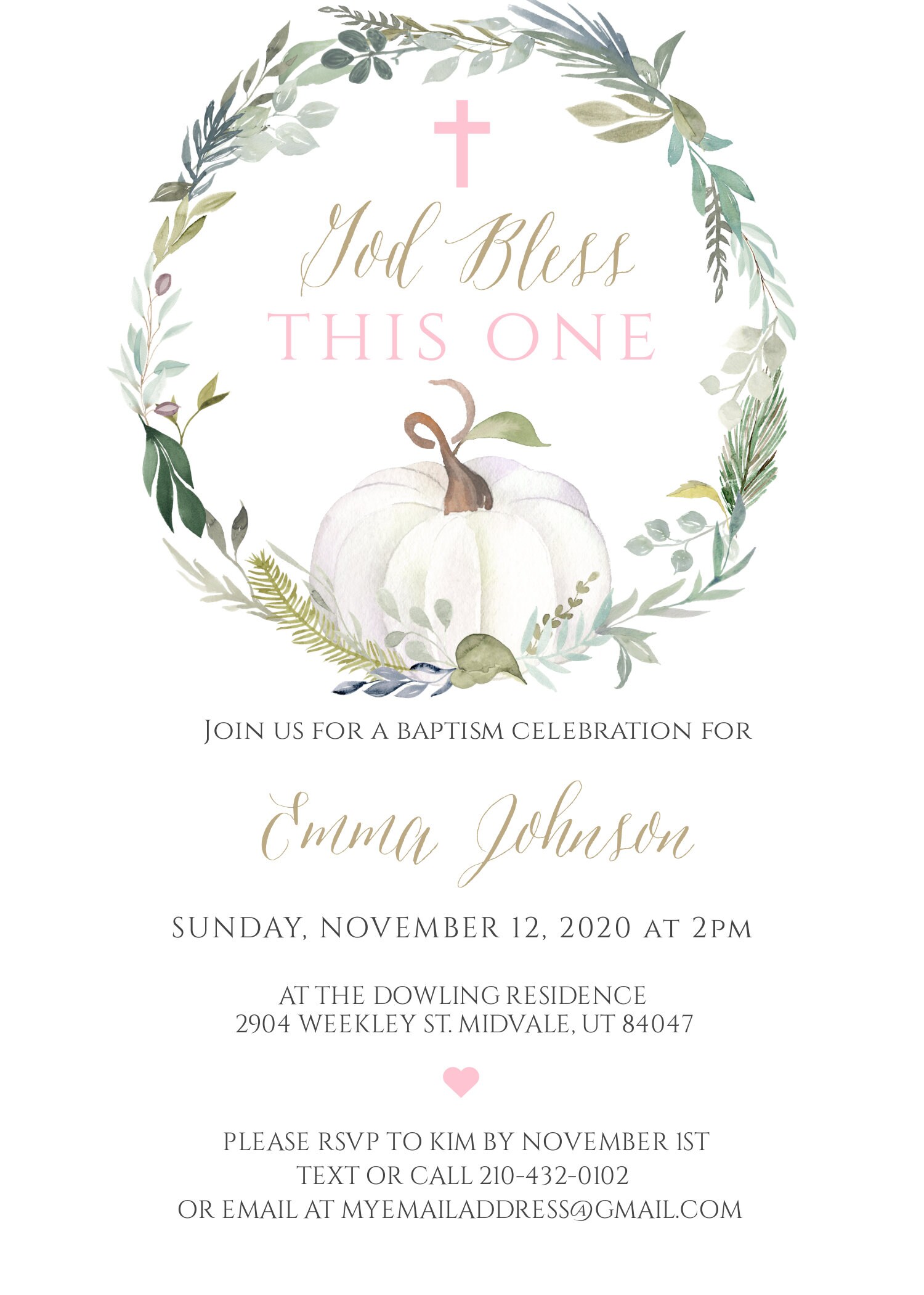 Fall Girl Baptism Invitation Template White Pumpkin Printable | Etsy