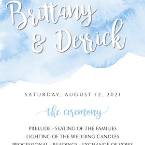 Light Blue Watercolor Wedding Program, Printable Program, Wedding ...