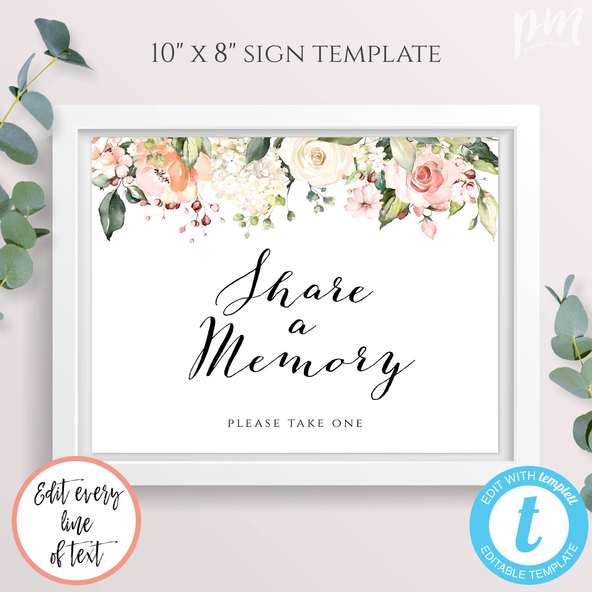Peach Floral Funeral Share A Memory Sign Template Pink Floral - Etsy