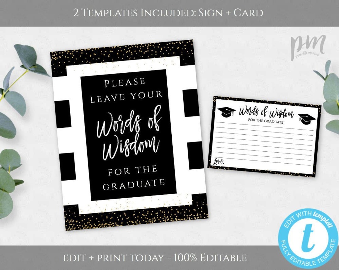 College Graduation Words of Wisdom Sign + Cards Template, Class of 2020 ...