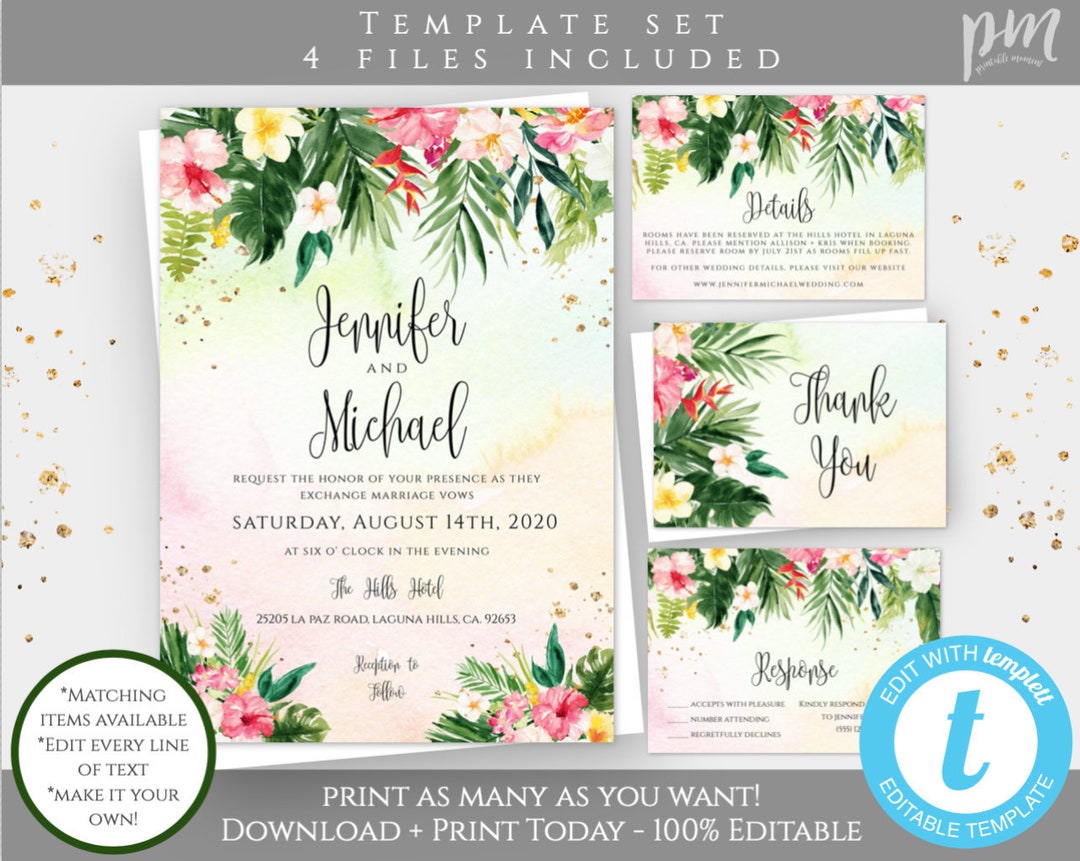 Tropical Wedding Invitation Template Set, Island Wedding Invitation ...