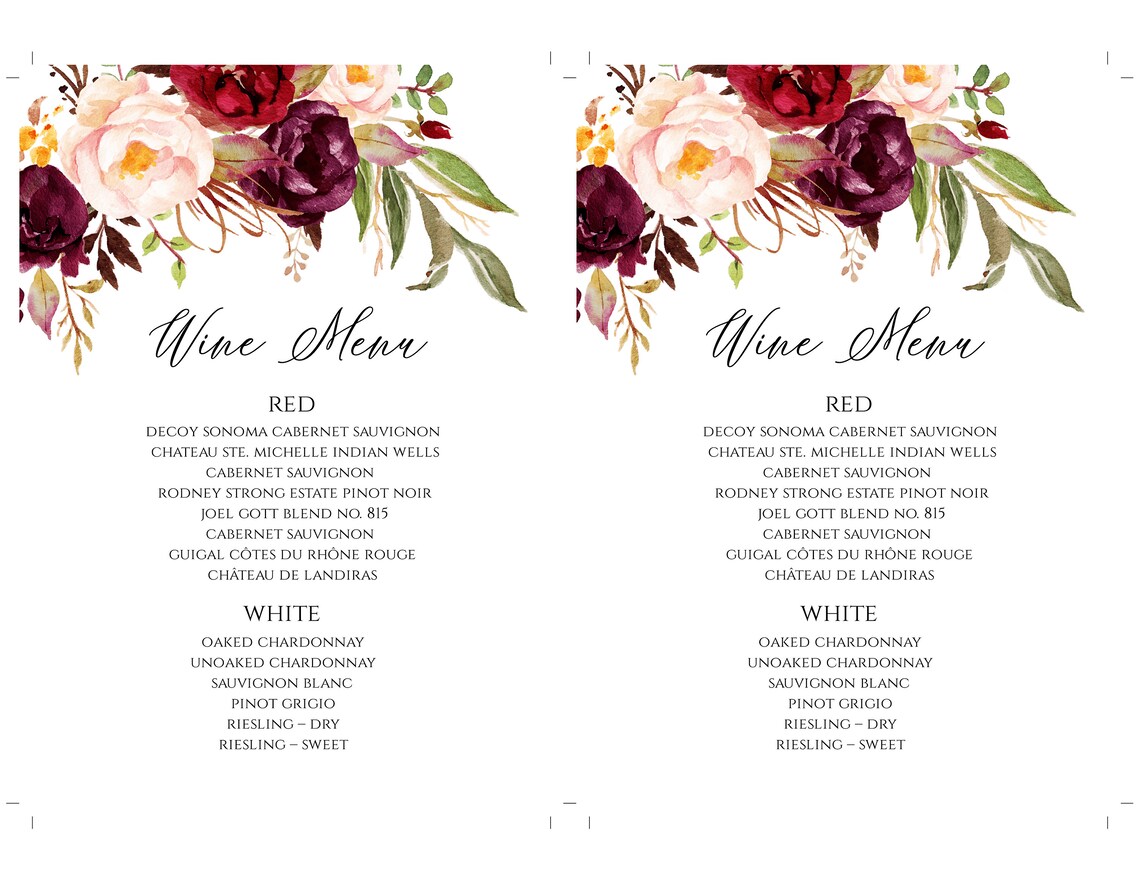 Burgundy Wine Menu Template Wine List Printable Drinks Menu - Etsy