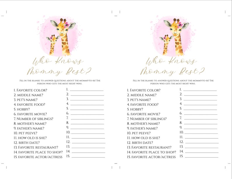 Pink Giraffe Baby Shower Game Bundle Template Set Giraffe - Etsy