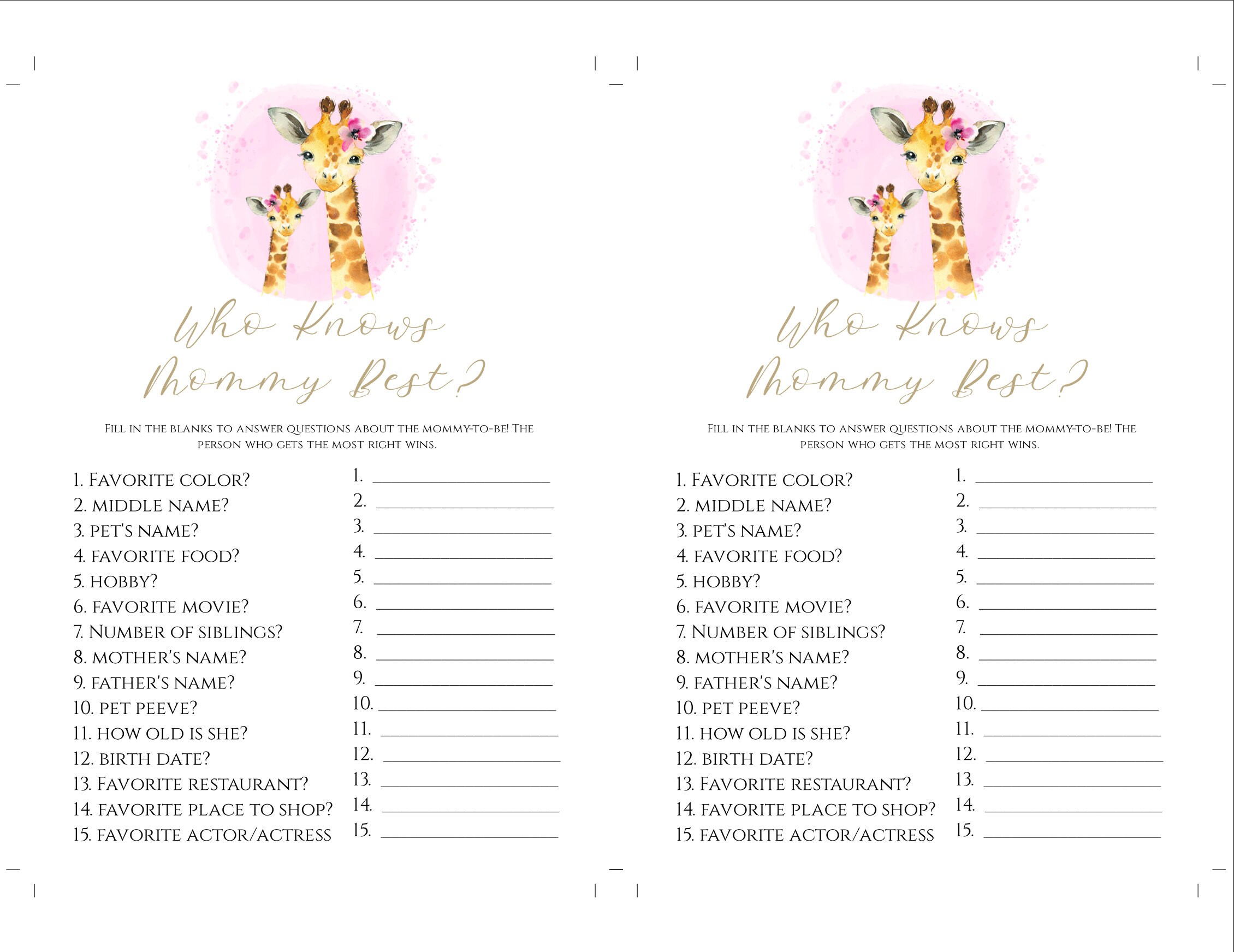 Pink Giraffe Baby Shower Game Bundle Template Set, Giraffe Shower Games ...