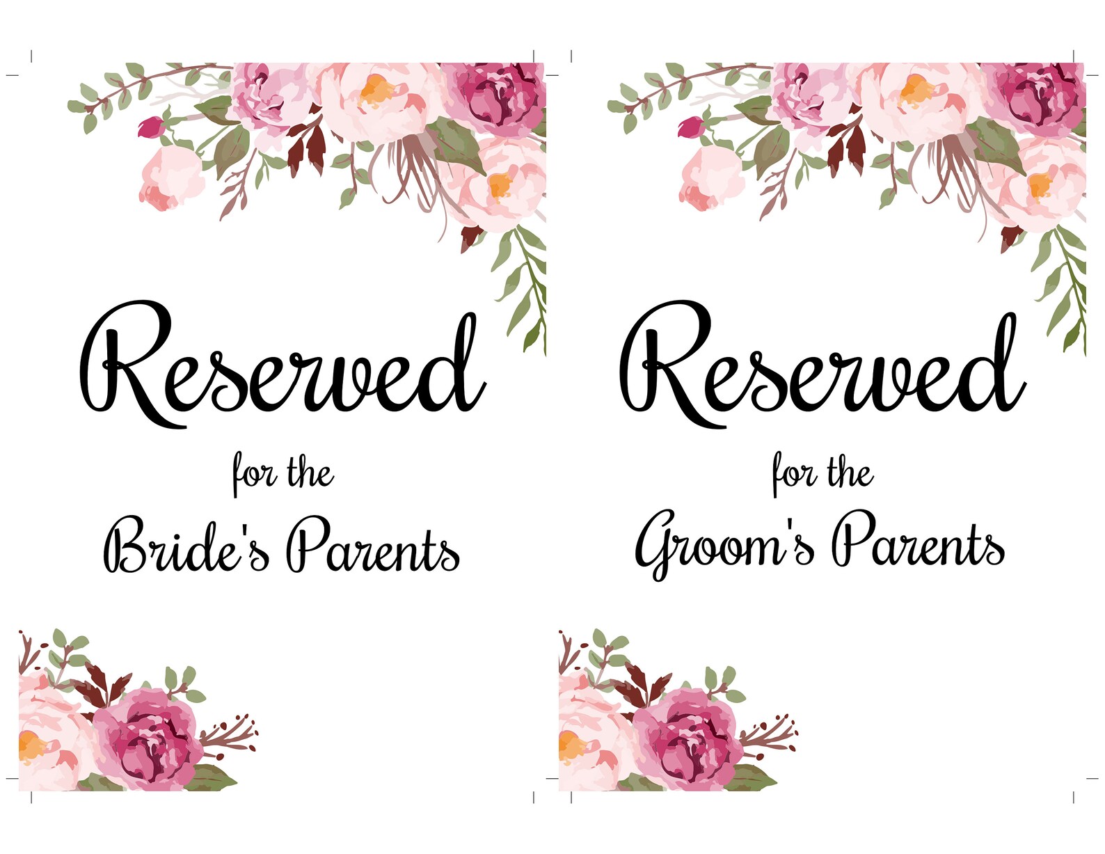 Floral Reserved Table Sign Templates, Reserved for Bride's Family ...