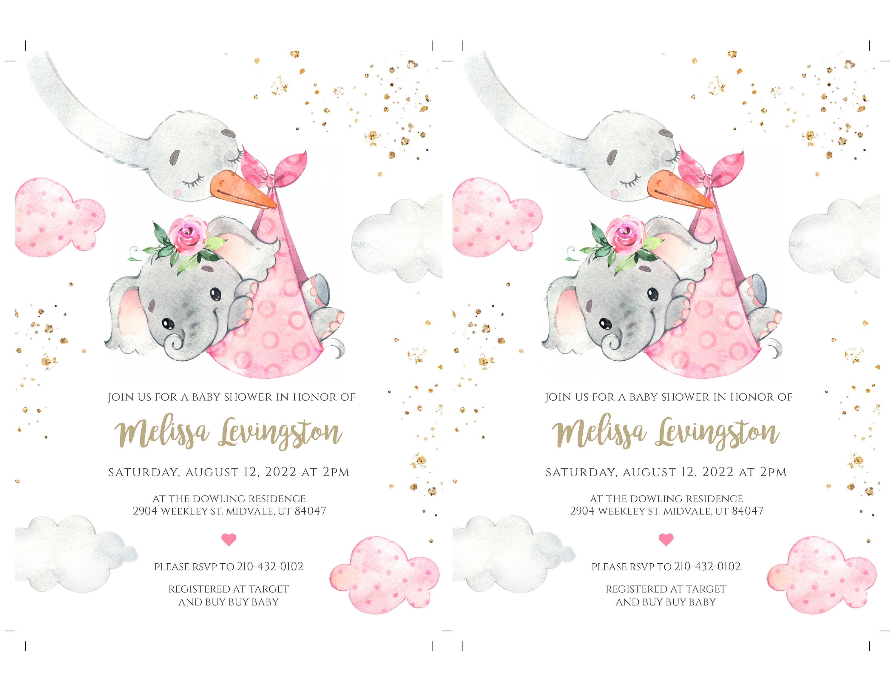 Pink Elephant Invitation Template Set for Girl, Editable Stork Baby ...