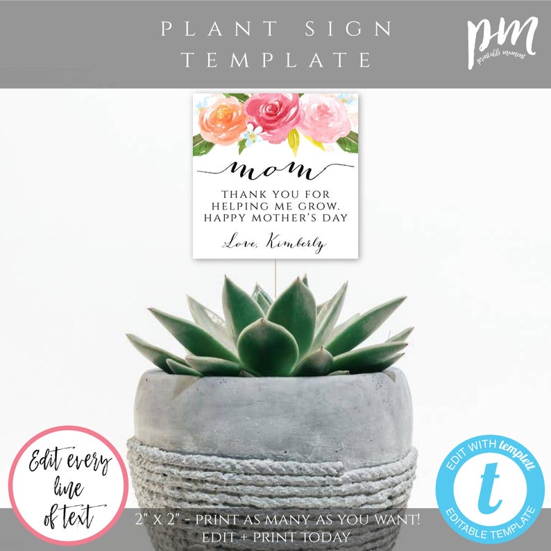 Mother's Day Gift Plant Tag Template, Editable Plant Marker, Printable ...