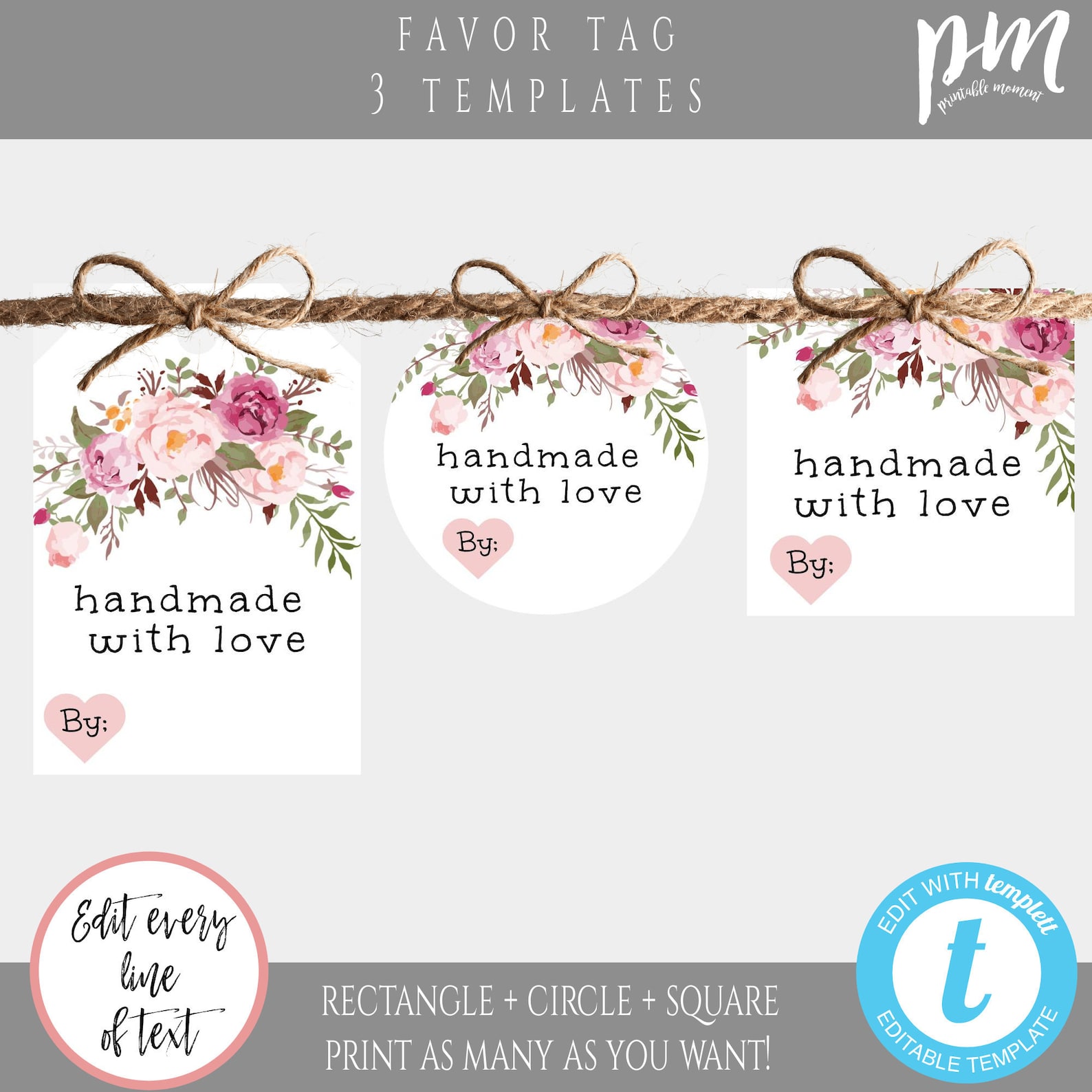 Pink Floral Handmade With Love Favor Tag Template Gift Tag | Etsy