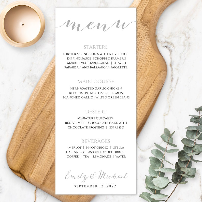 Silver Wedding Menu Printable Template Printable Menu - Etsy