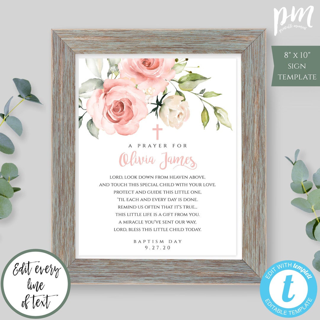Personalized Prayer Sign for Girl, Editable Pink Floral Sign, Baptism ...