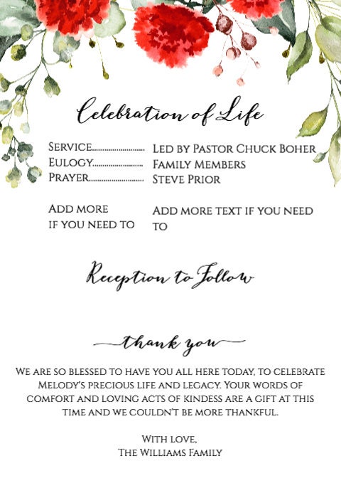 Red Floral Funeral Program Greenery Memorial Program - Etsy