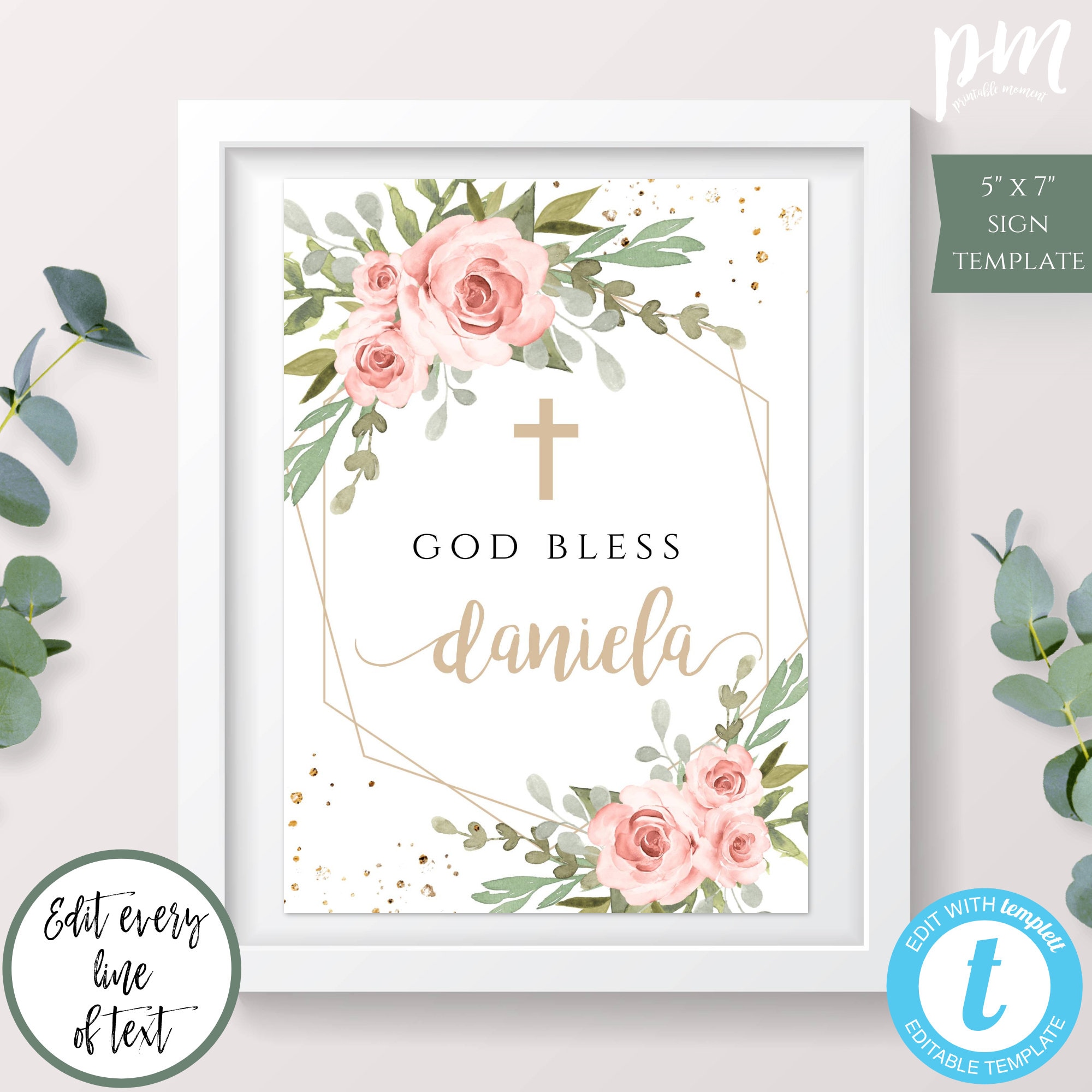 God Bless Sign Template for Girl, Pink Floral Baptism Sign, Baptism ...