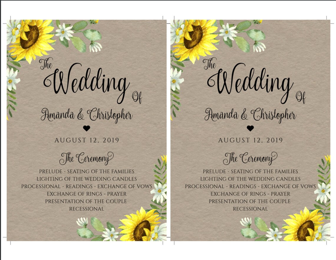 Sunflower Program Template for Wedding Rustic Wedding - Etsy