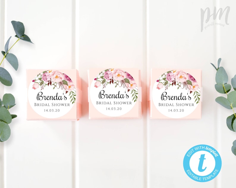 Pink Floral 2" Round Sticker Template for Bridal Shower, DIY Editable ...