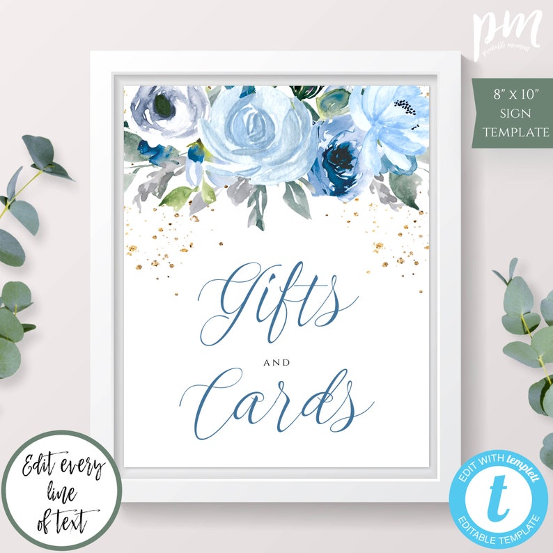 Blue Floral Gifts and Cards Sign Template for Bridal Shower, Bridal ...