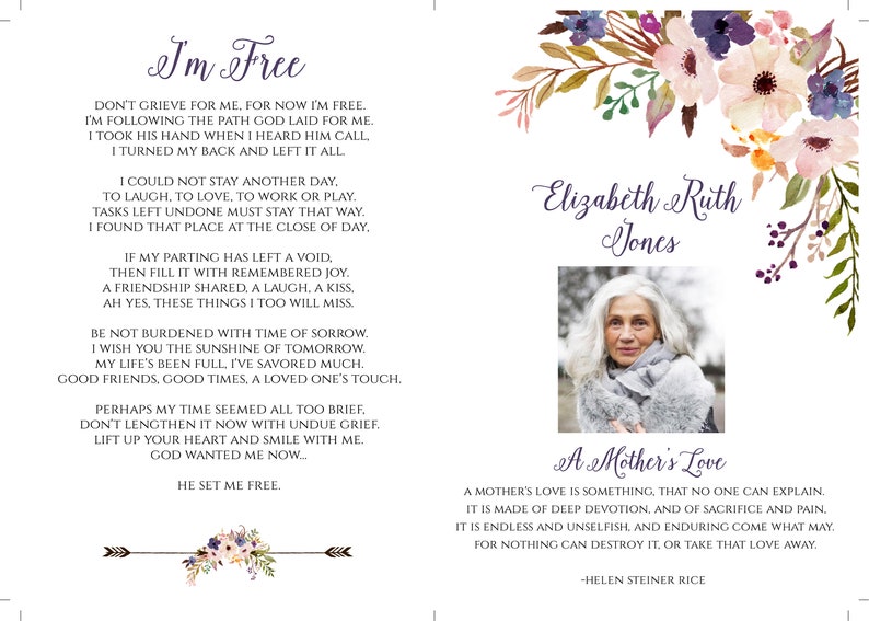 Purple Floral Folding Funeral Obituary Template Printable | Etsy