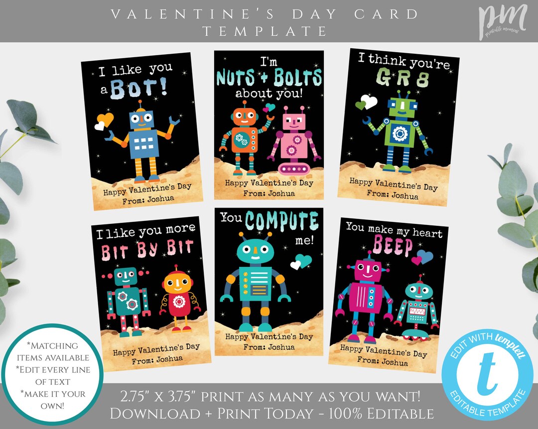 Robot Valentines Day Card Template, Robot Valentines Cards for Kids ...