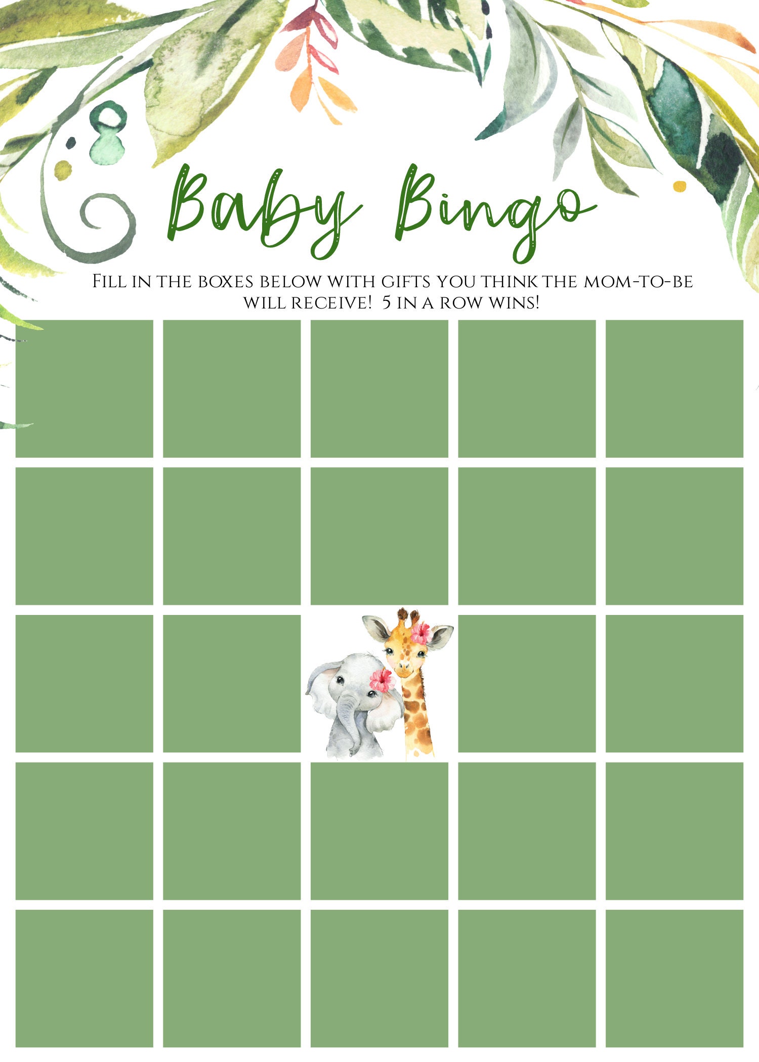 Baby Bingo Present Game Template Elephant Giraffe Shower - Etsy