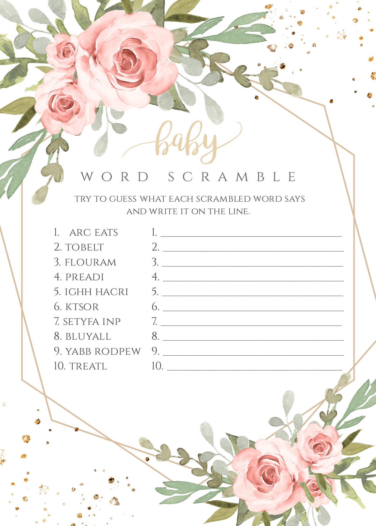 Pink Floral Baby Word Scramble Game Template Pink Floral Baby | Etsy
