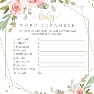 Pink Floral Baby Word Scramble Game Template, Pink Floral Baby Shower ...