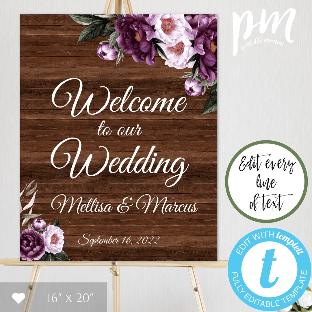 Rustic Wedding Welcome Sign Template, Purple Floral Wedding Welcome ...