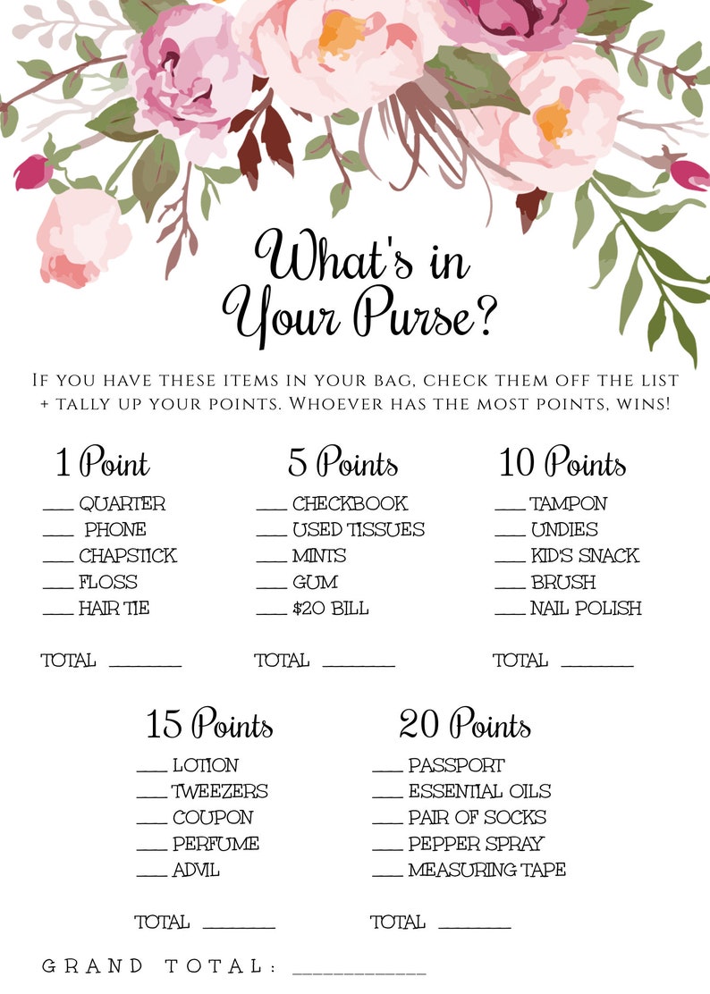 Pink Floral What's in Your Purse Bridal Shower Game | Etsy